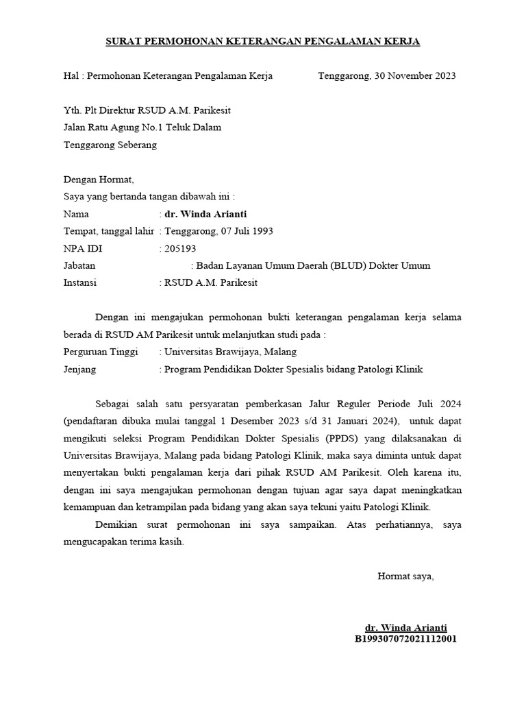 Surat Permohonan Keterangan Pengalaman Kerja | PDF