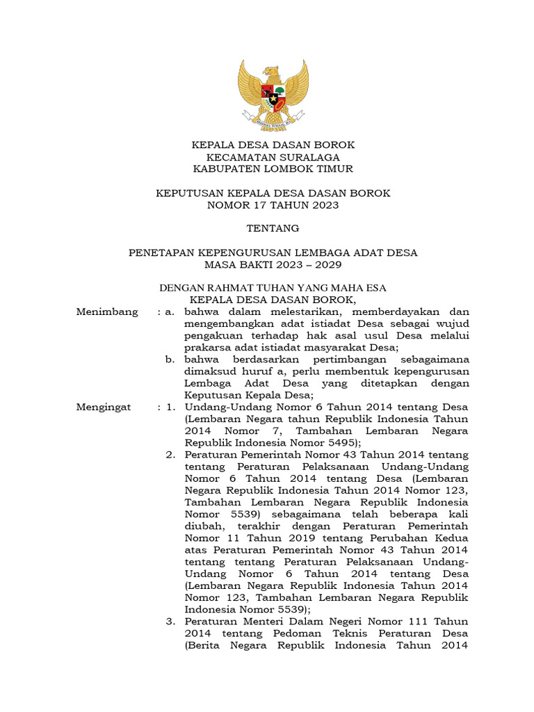 SK Lembaga Adat 2023 | PDF