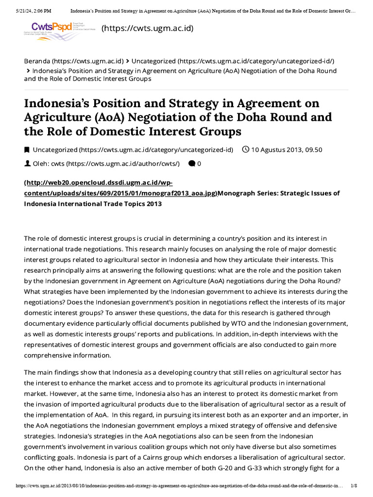 Indonesia'S Position and Strategy in Agreement On Agriculture (Aoa) Negotiation of The Doha ...