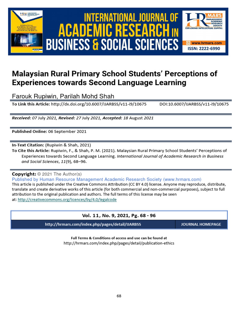 Malaysian Rural Primary School Students Perceptions of Experiences Towards Second Language ...