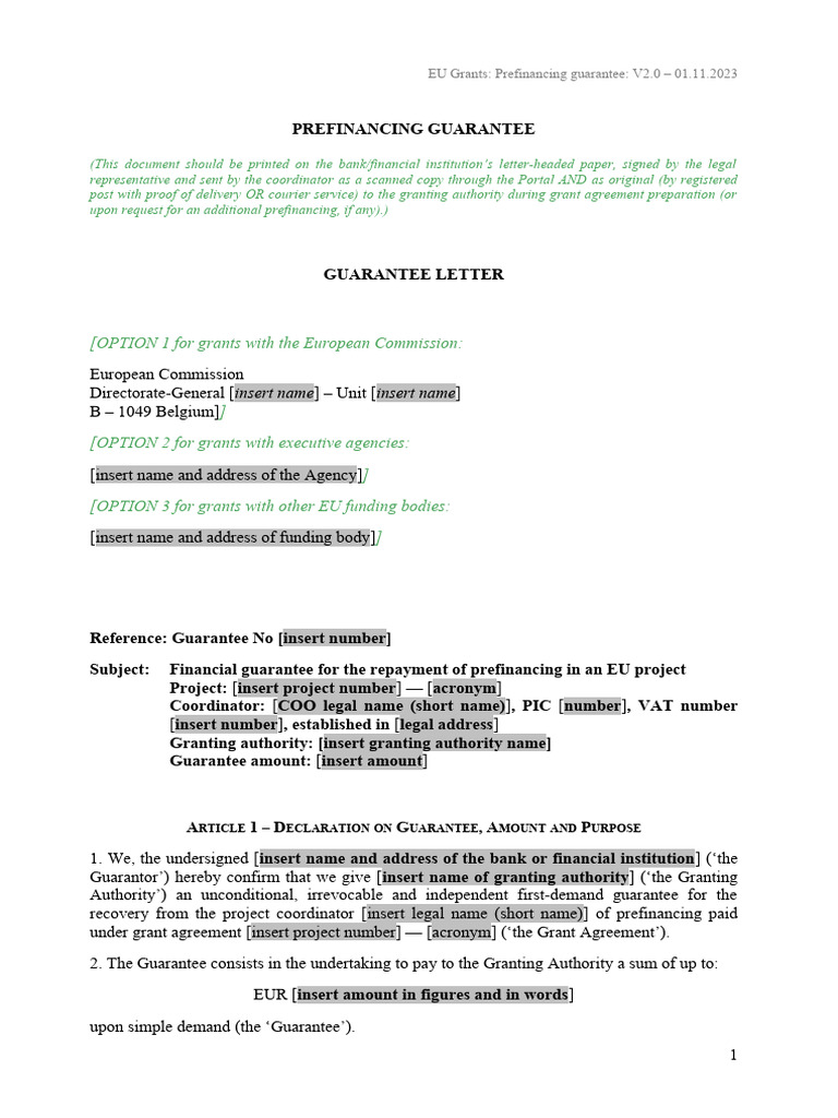 EU Prefinancing Guarantee Document V2.0 | PDF | Guarantee