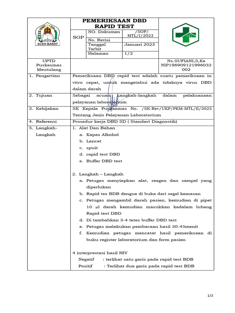 sop PEMERIKSAAN DBD RAPID TEST | PDF