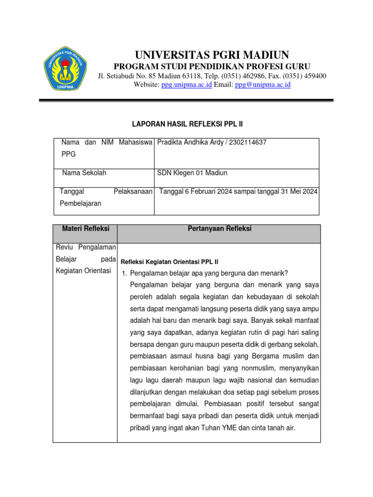 Refleksi PPL II di SDN Klegen 01 | PDF