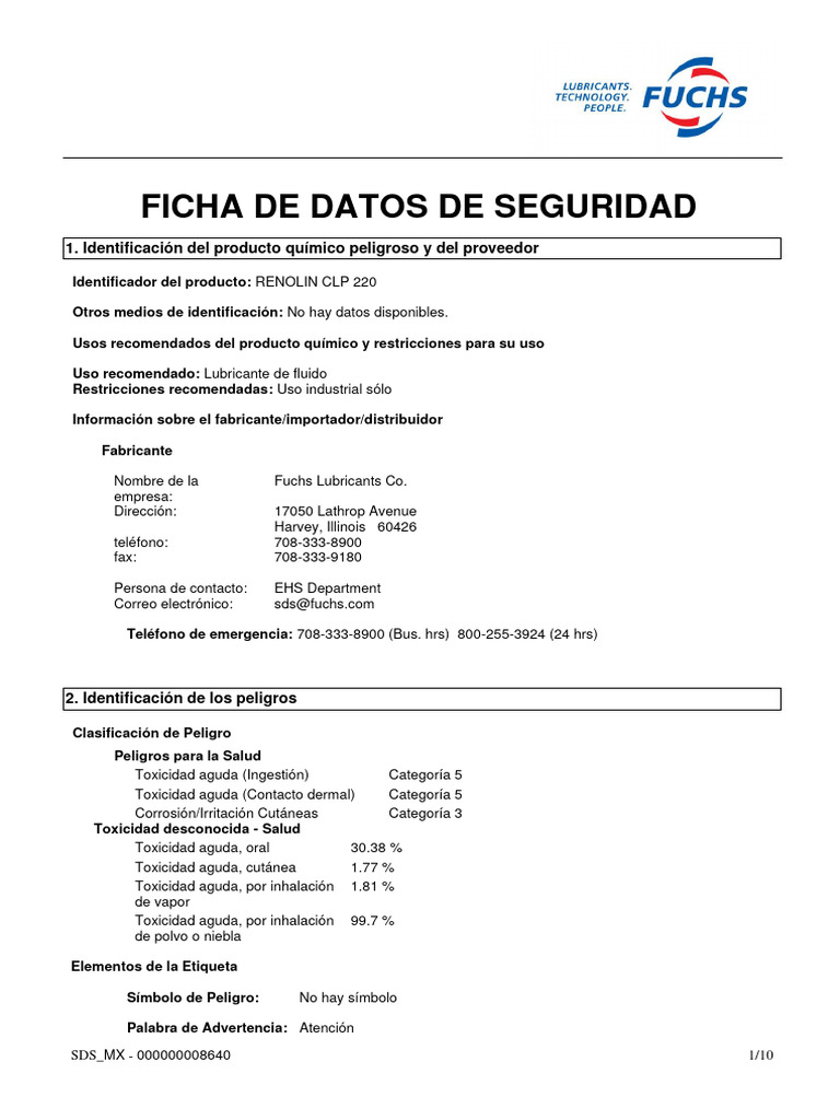 Ficha De Seguridad Renolin Clp 220 Pdf Toxicología Agua