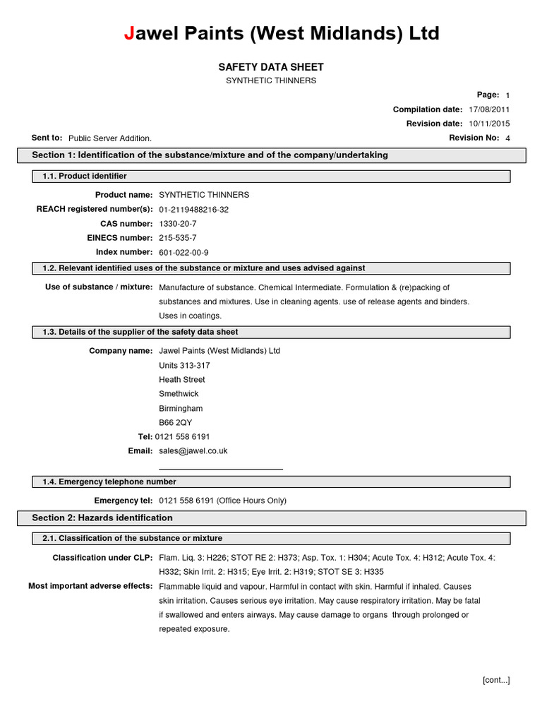 Safety Data: Synthetic Thinners | PDF | Hazards | Toxicity