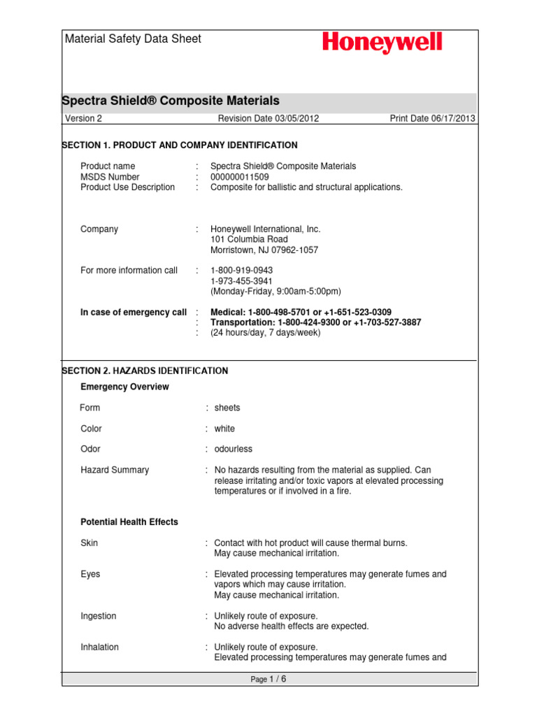 Honeywell Spectra Shield Composite Fabric | PDF | Dangerous Goods ...