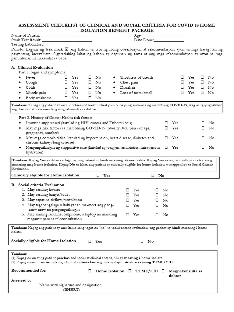 Assessment Checklist of Clinical and Social Criteria For Covid-19 Home ...