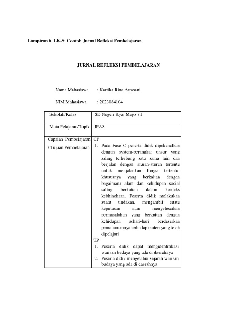 Lampiran 6. LK-5 Contoh Jurnal Refleksi Pembelajaran | PDF