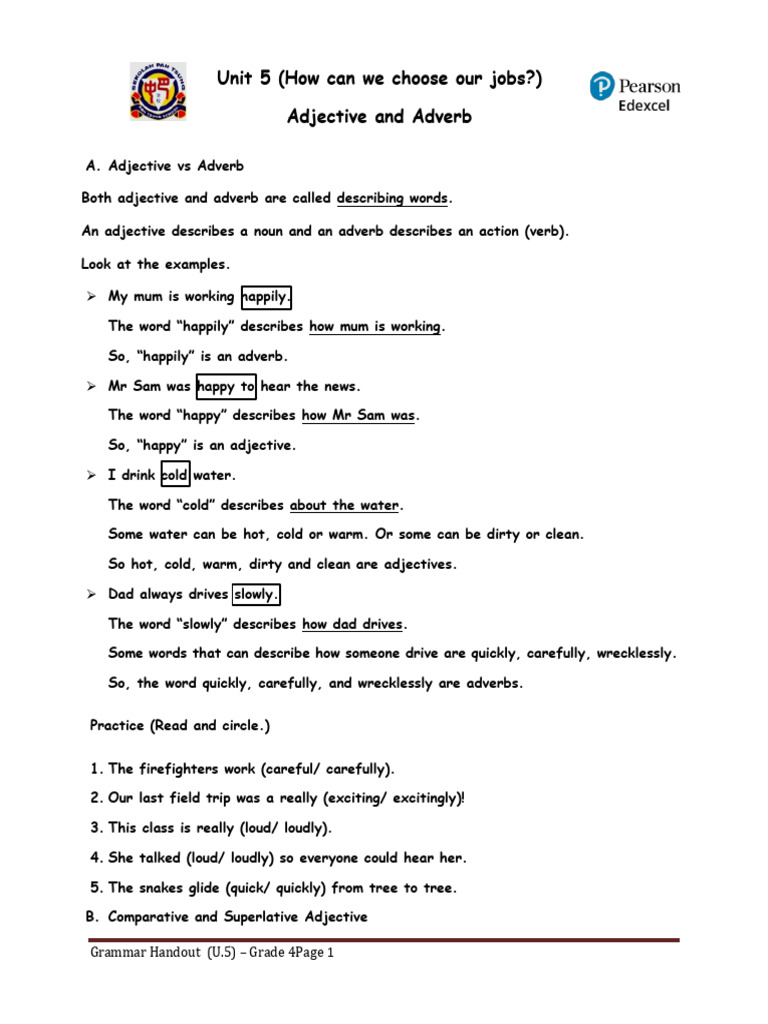 Handout Unit 5 (Grammar 2 - Adverb and Adjective) | Download Free PDF ...