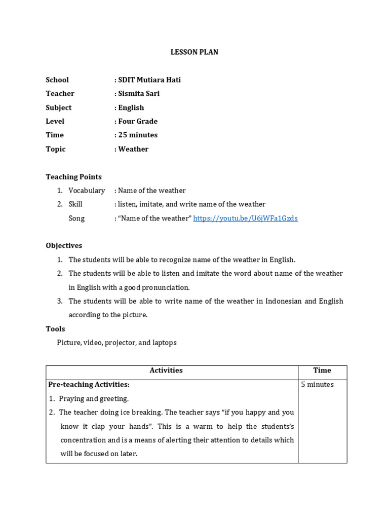Lesson Plan Sederhana Untuk Pembelajaran Bahasa Inggris | PDF ...