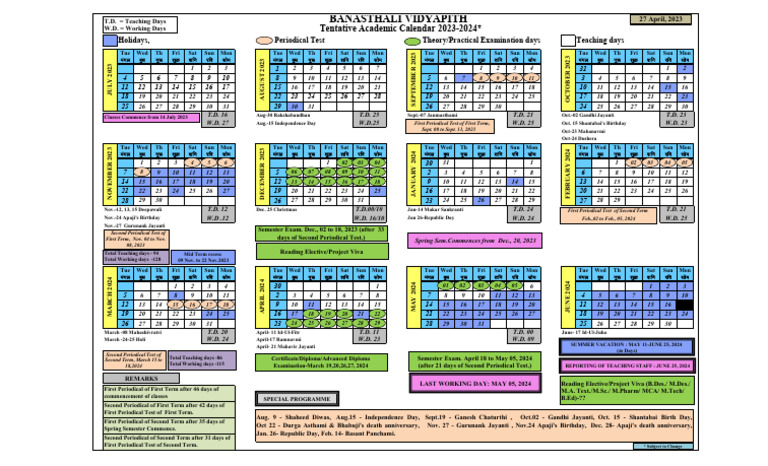 Banasthali Vidyapith Academic Calendar 2023-24 | PDF | Educational ...