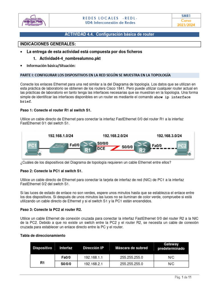 Actividad 4.4- Configuración básica del router | PDF | Enrutador (Computación) | Controlador de ...