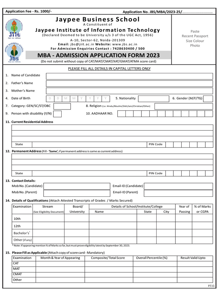 MBA Application Form 2023 25 | PDF