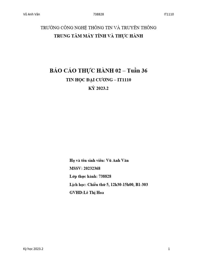 TH02 BaoCao ThucHanh IT1110 2023.2 | PDF