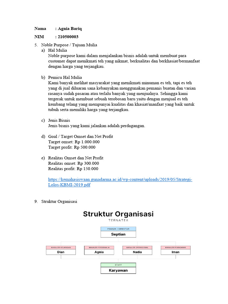 Noble Purpose & Struktur Organisasi - Agnia (210500003) KWH | PDF