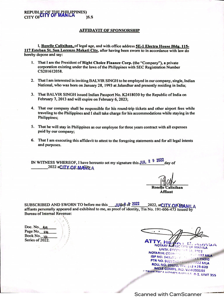 Affidavit of Sponsorship | PDF