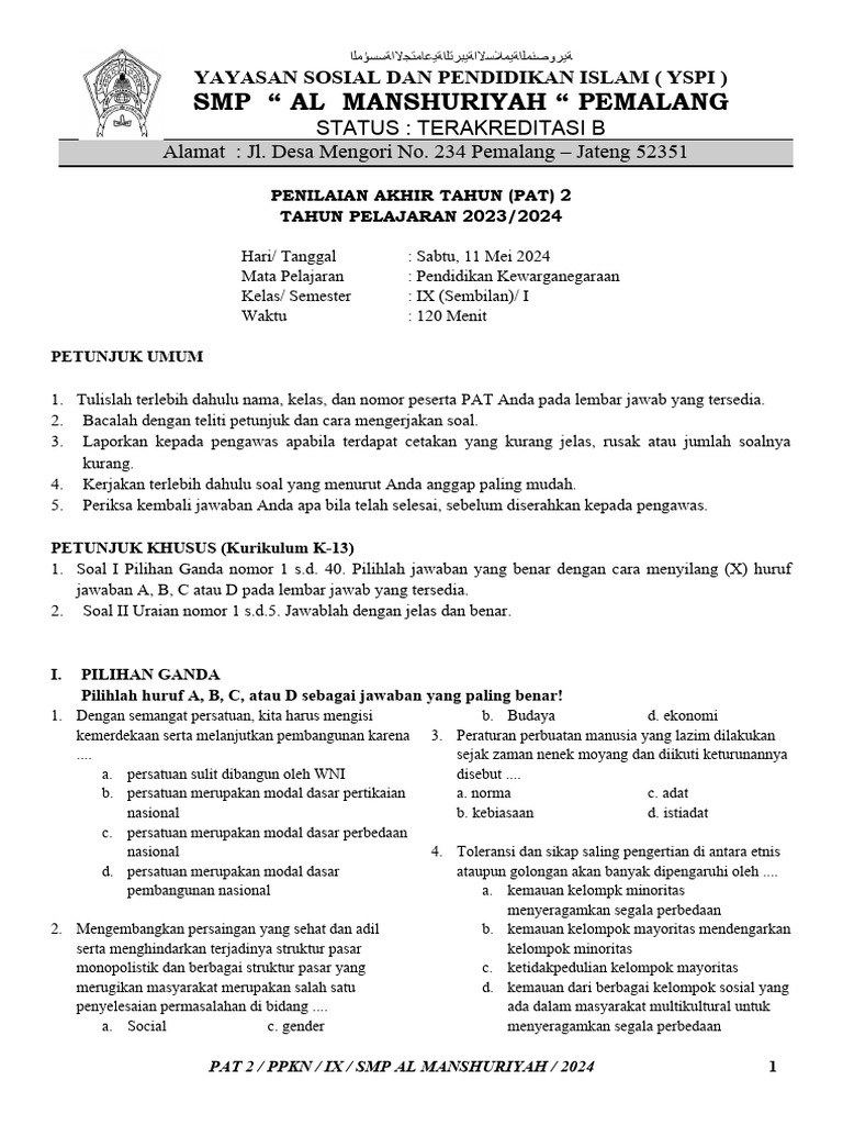 PAT PPKN Kelas IX SMP Al Mansuriyah 2024 | PDF | Ilmu Sosial