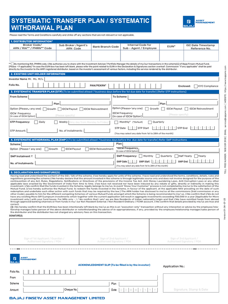 SWP and STP Application Form Guide | PDF | Mutual Funds | Financial ...