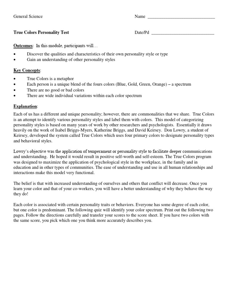 True Colors Personality Test Student | PDF | Color | Self Esteem