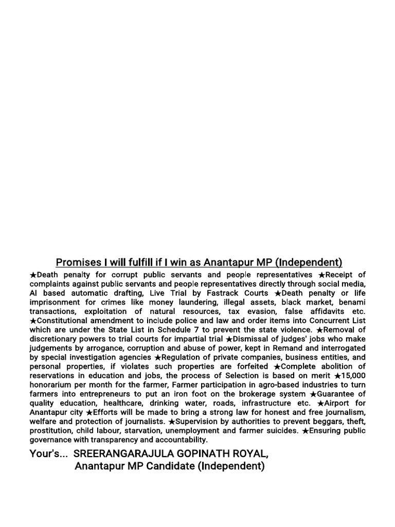 Anantapur MP Candidate's Bold Promises | PDF | Politics