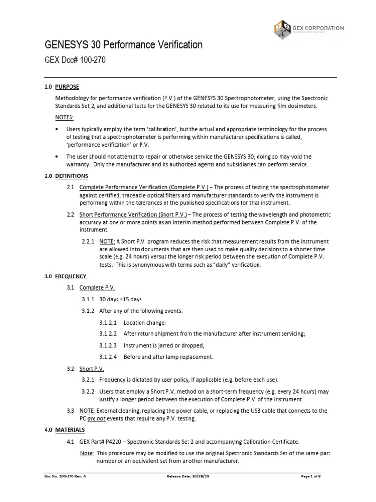 GENESYS 30 Verification Guide | PDF | Calibration | Verification And Validation