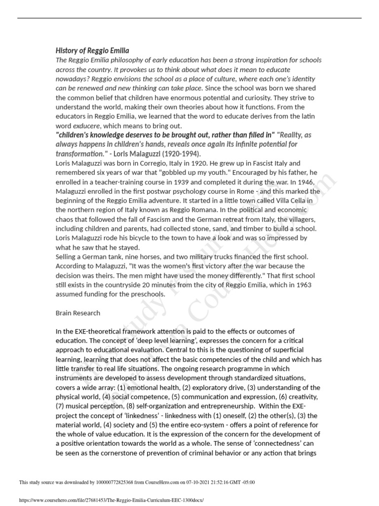 The Reggio Emilia Curriculum EEC 1300 | PDF | Constructivism (Philosophy Of Education) | Experience