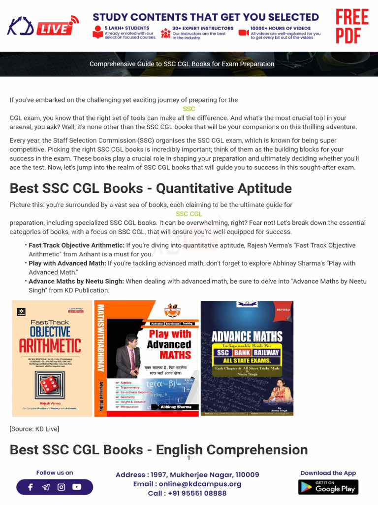 Books and Authors Comprehensive Guide To SSC CGL Books For Exam ...