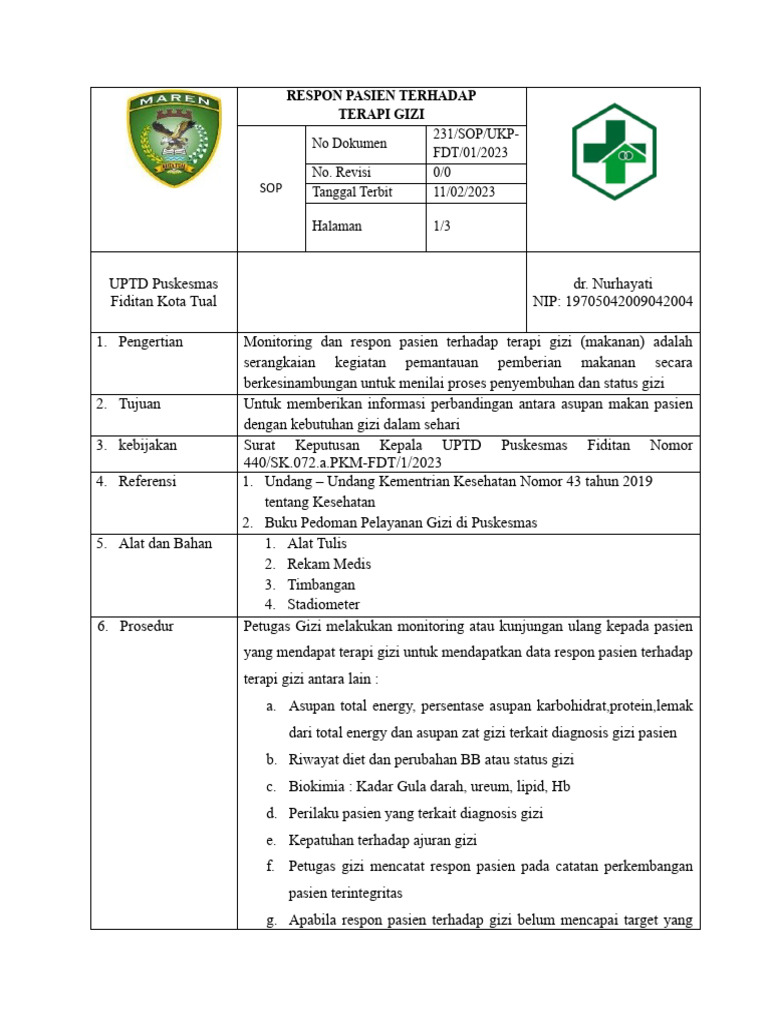 Sop Respon Pasien Terhadap Terapi Gizi | PDF