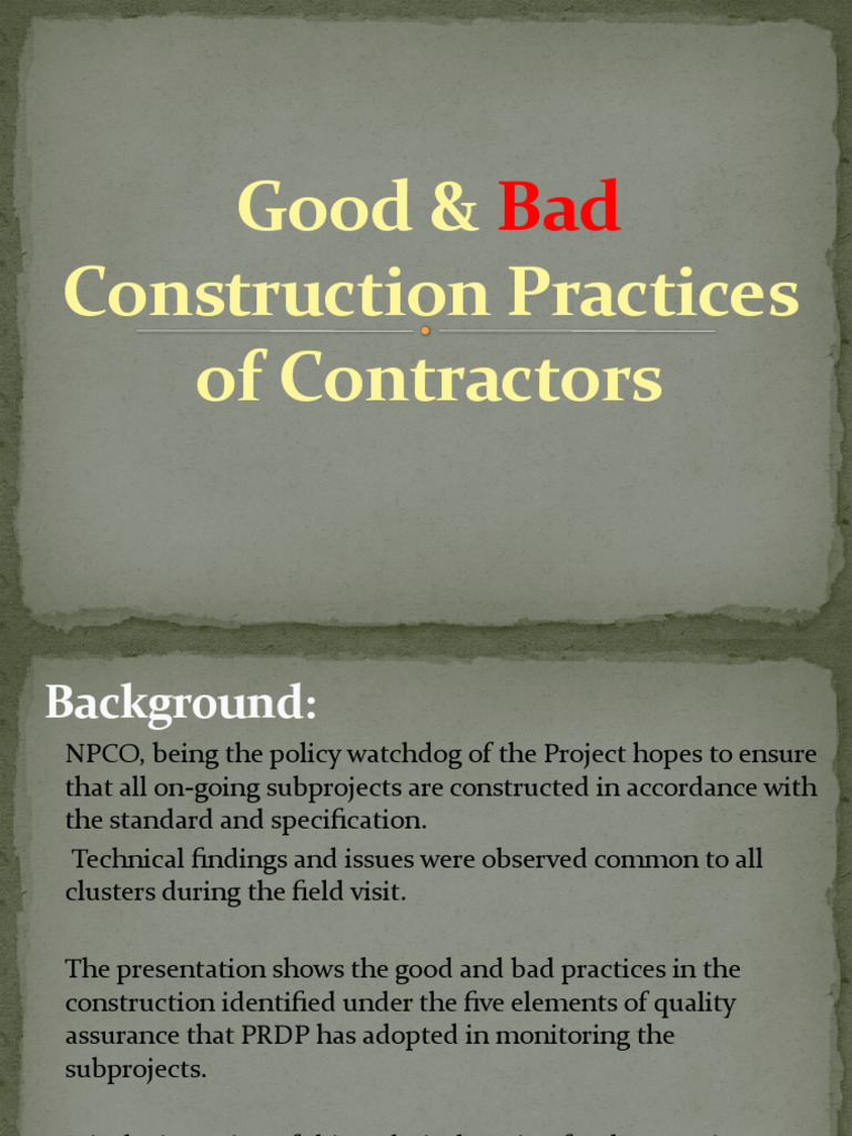 Good & Bad Practices in PRDP Implementation | PDF | Concrete | Cement