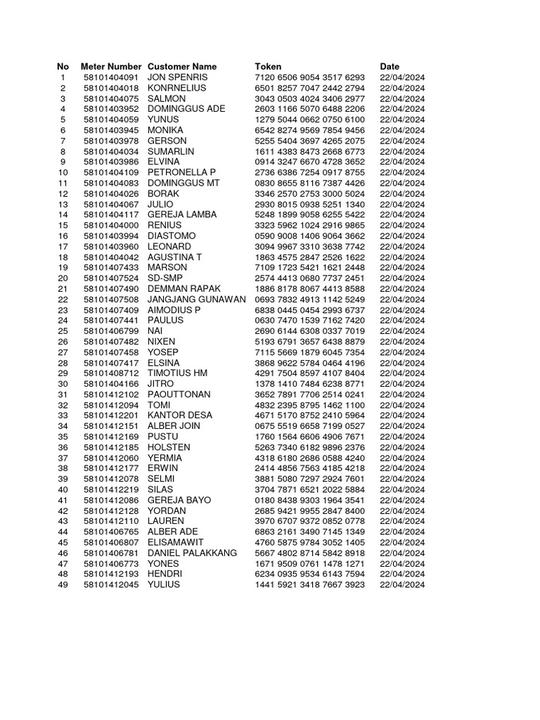 Customer Meter Tokens List 2024 | PDF