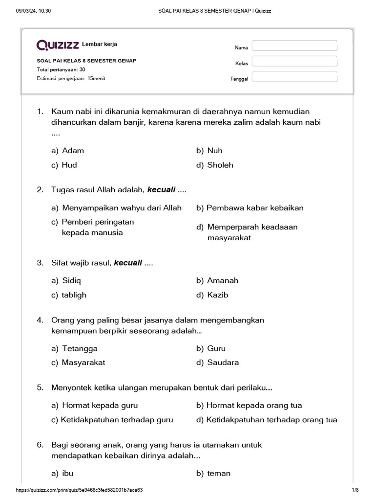 Soal Pai Kelas 8 Semester Genap - Quizizz | PDF