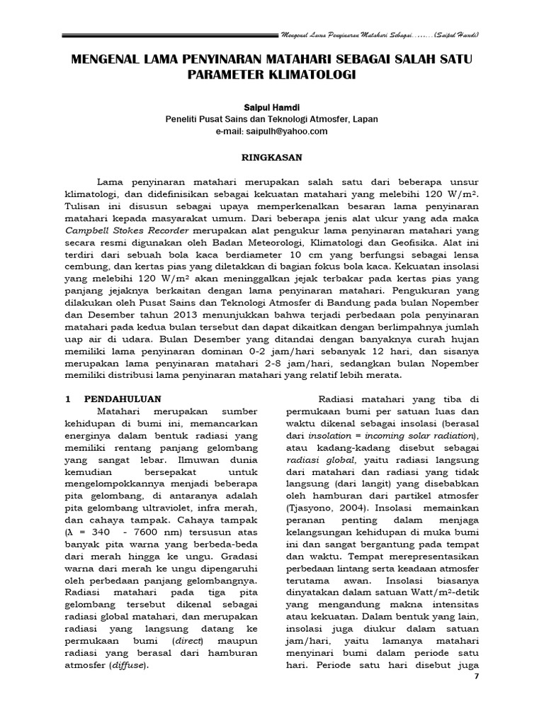 Penyinaran Matahari: Parameter Klimatologi | PDF