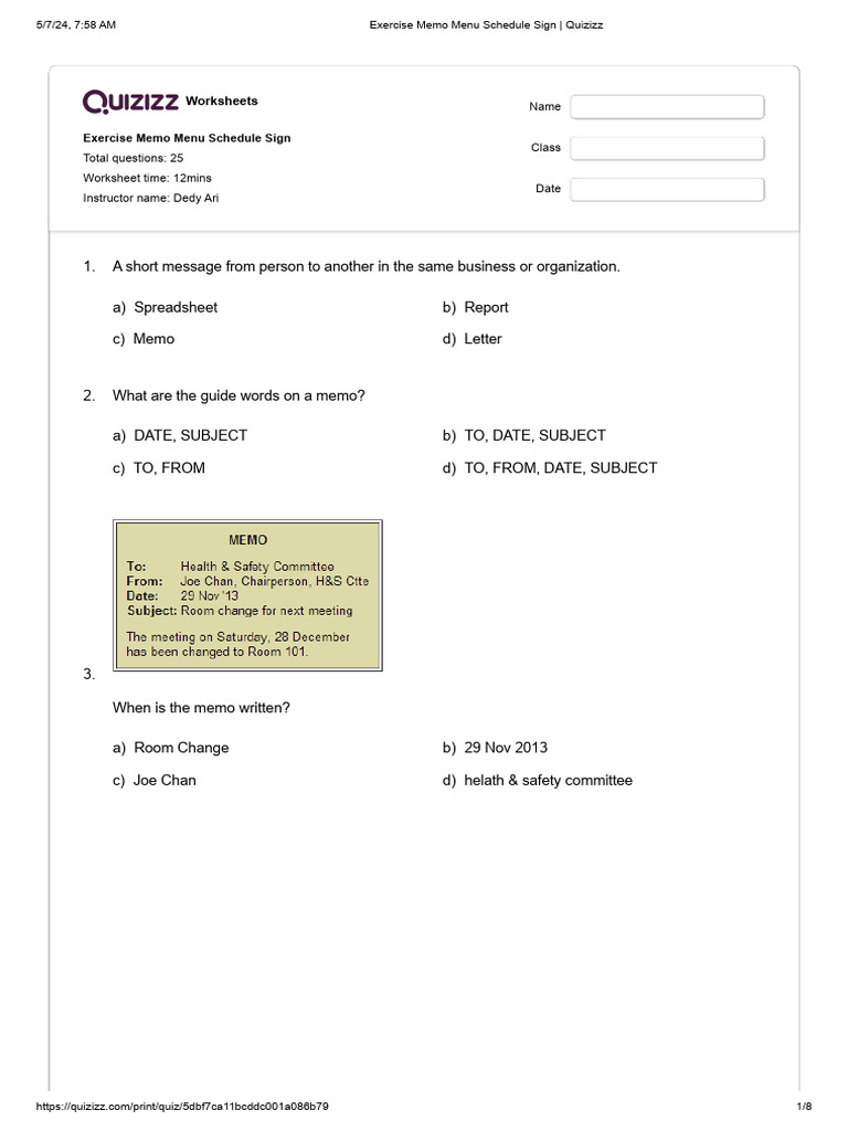 Exercise Memo Menu Schedule Sign - Quizizz | PDF