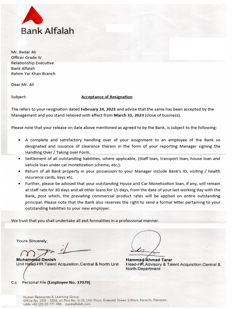 Resignation Acceptance at Bank Alfalah | PDF
