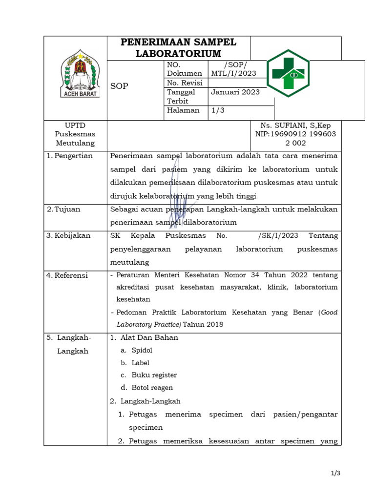 Sop Penerimaan Sampel Lab | PDF | Kesehatan Holistik | Sains & Matematika
