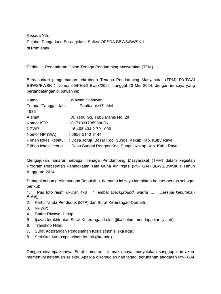 Contoh Surat Lamaran TPM, DRH, Dan Surat Pernyataan TPM | PDF