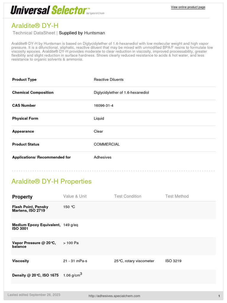 Araldite® DY-H - Huntsman | PDF | Epoxy | Materials