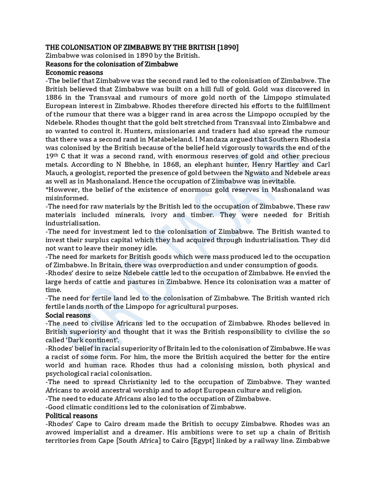 The Colonisation of Zimbabwe by The British | PDF | Zimbabwe | British ...