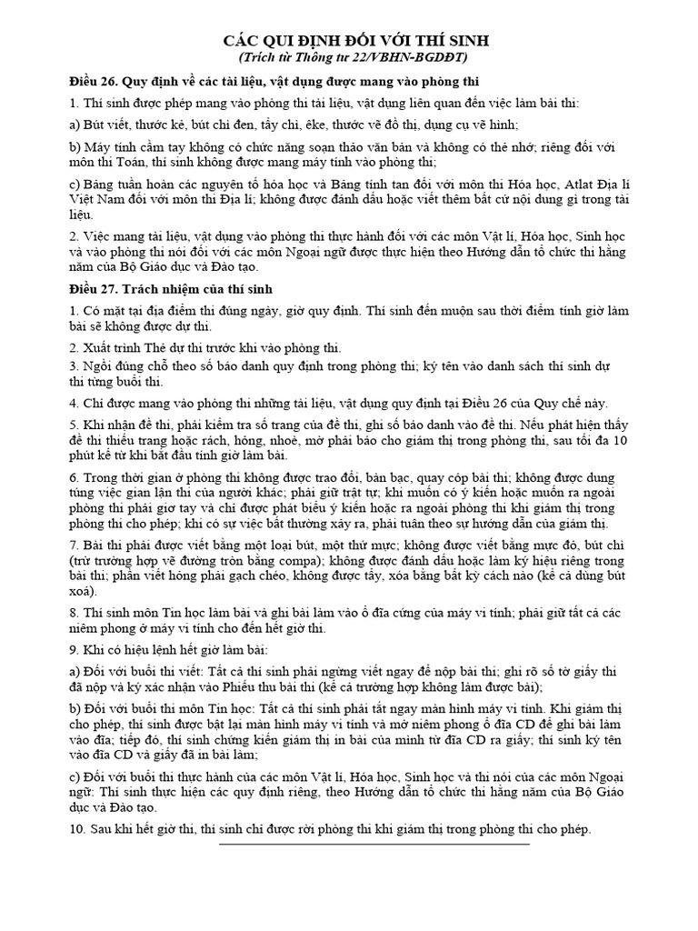 Cac Quy Dinh Voi Thi Sinh Du Thi | PDF