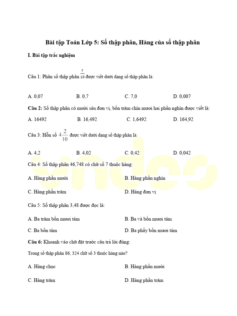 BT Toan Lop 5 So Thap Phan | PDF