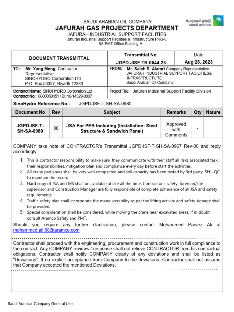 Approved JGPD-ISF-T-SH-SA-0980-JSA For PEB Including (Installation ...