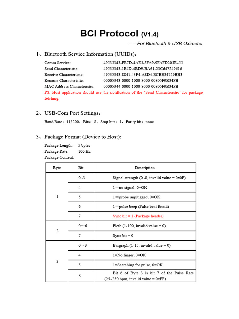 BCI Protocol V1.4 | PDF | Bit | Physical Layer Protocols