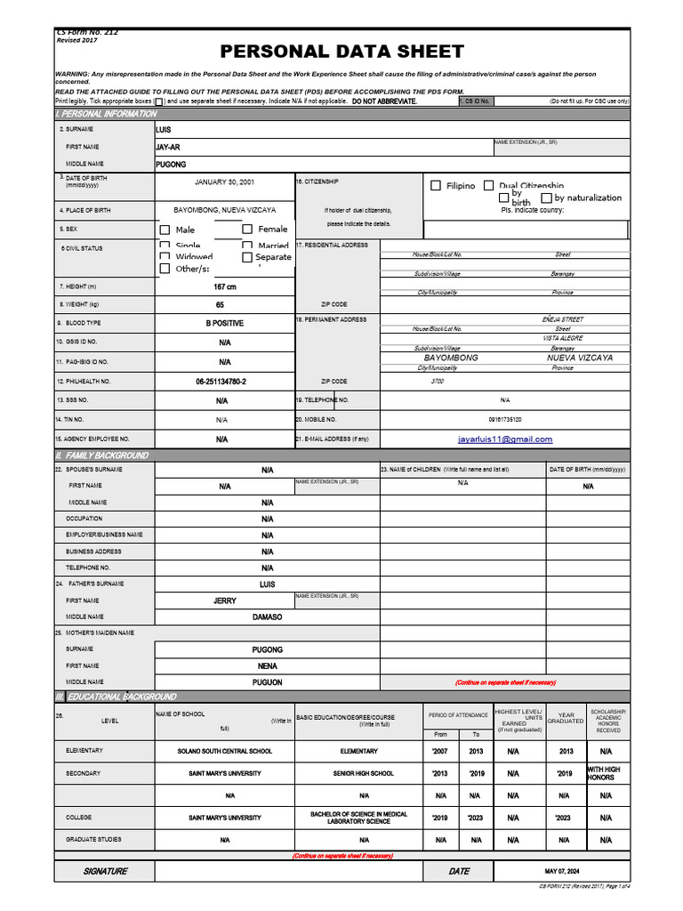CS Form No. 212 Personal Data Sheet Revised 1 | PDF | Government | Justice