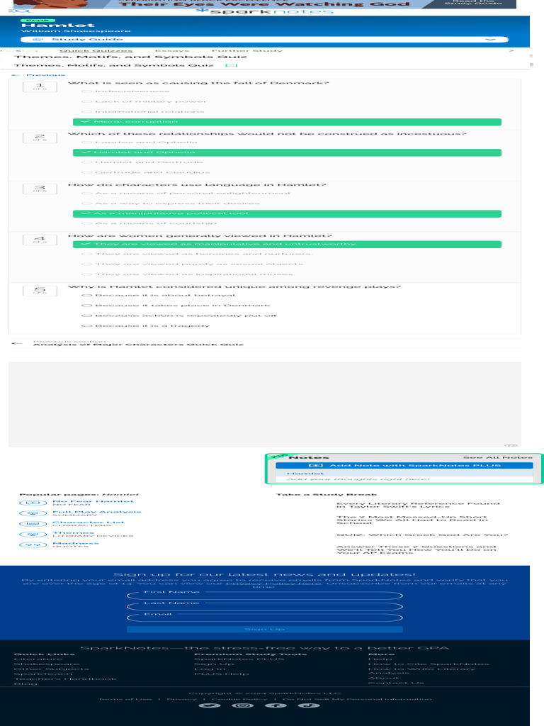 Hamlet Themes, Motifs, and Symbols Quiz Quick Quiz SparkNotes | PDF ...