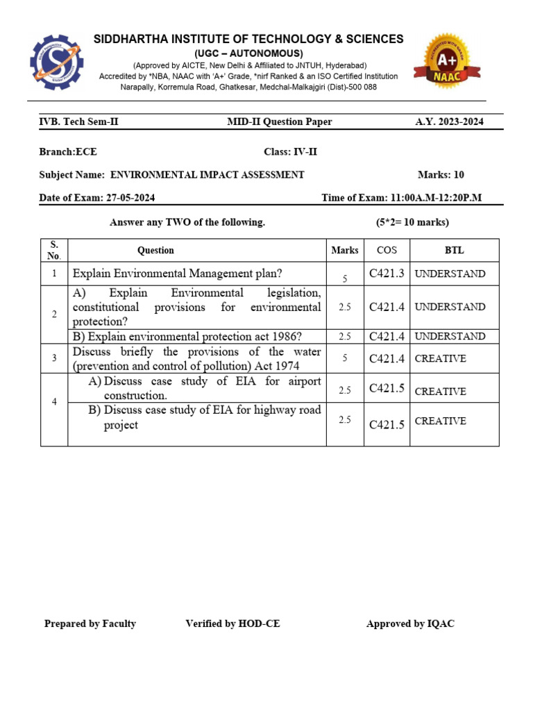 EIA Exam Paper for ECE IV-II | PDF | Environmental Impact Assessment | Natural Environment