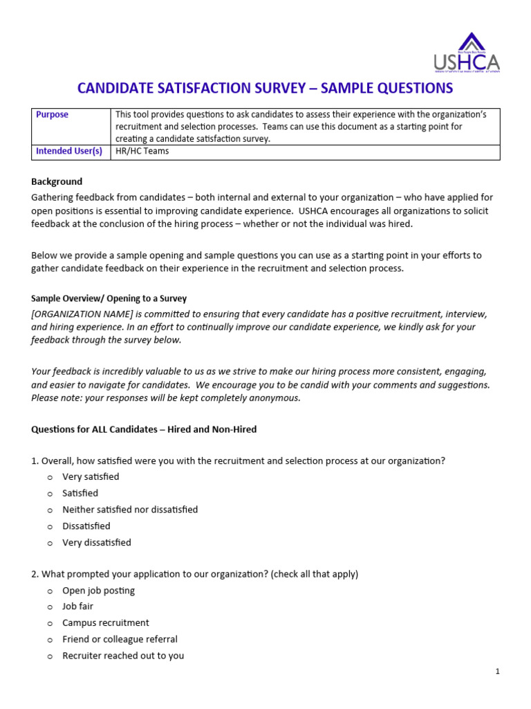 Candidate Satisfaction Survey Sample Questions | PDF | Recruitment ...