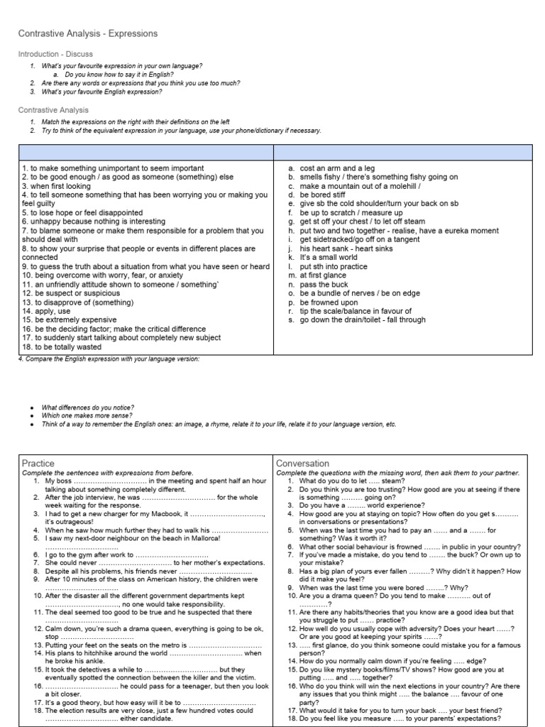 Contrastive Analysis Expressions Student Handout | PDF