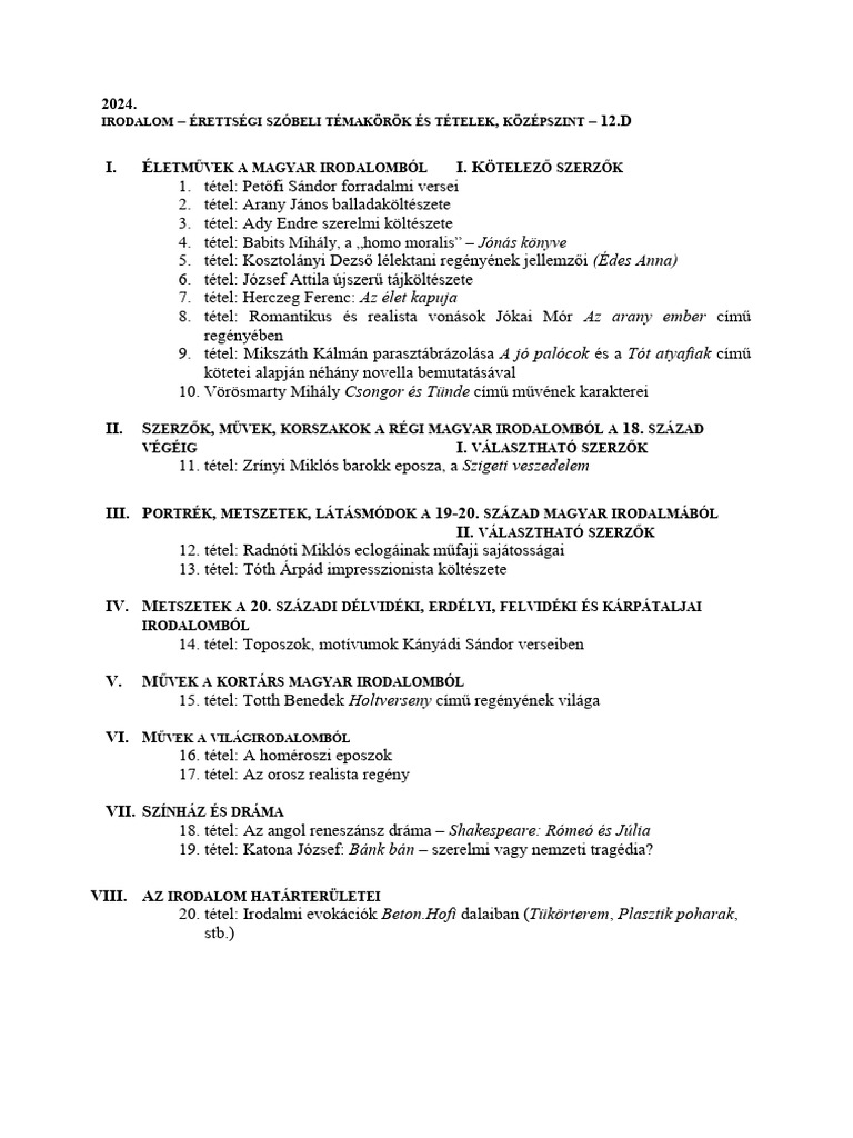 Magyar Irodalom - 2024 Szobeli Temakorok 12D | PDF