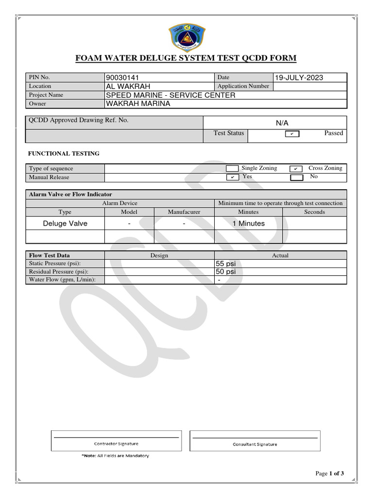 Foam Water Deluge System Test QCDD Form | Download Free PDF | Equipment Foam Water Deluge System Test QCDD Form | Download Free PDF | Equipment