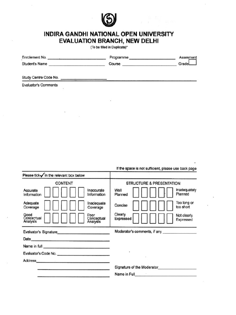 IGNOU Evaluation Sheet | PDF